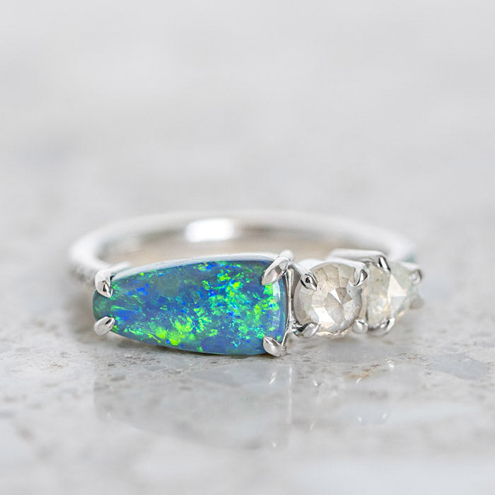 One-off Black Opal and Icy Diamond Splice Ring in 18ct White Gold, Siz ...