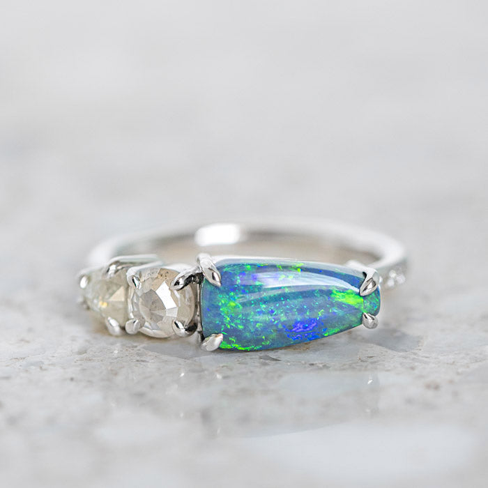 One-off Black Opal and Icy Diamond Splice Ring in 18ct White Gold, Siz ...
